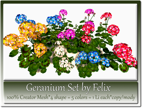 Second Life Marketplace - Geranium Set by Felix 4 Shape=5 Colors=1 Li each c+m